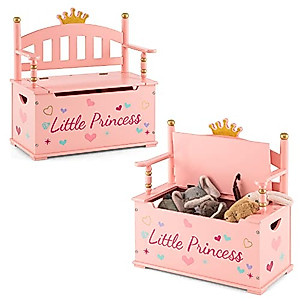 HONEY JOY Pink Wooden Toy Box, 2 in 1 Crown Large Toy Storage Chest with Safety Hinged Lid, Kids Toy Storage Bench for Playroom Bedroom, Children's Furniture, Gift for Princess Girls Age 3+, Pink