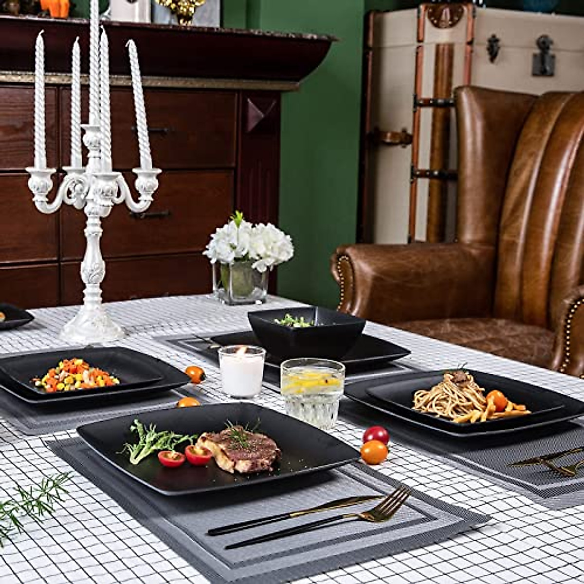 Melamine 12pcs Classic Square Dinnerware Set, Concise Plates and Bowls Set, Service for 4, Dishwasher Safe (Black)