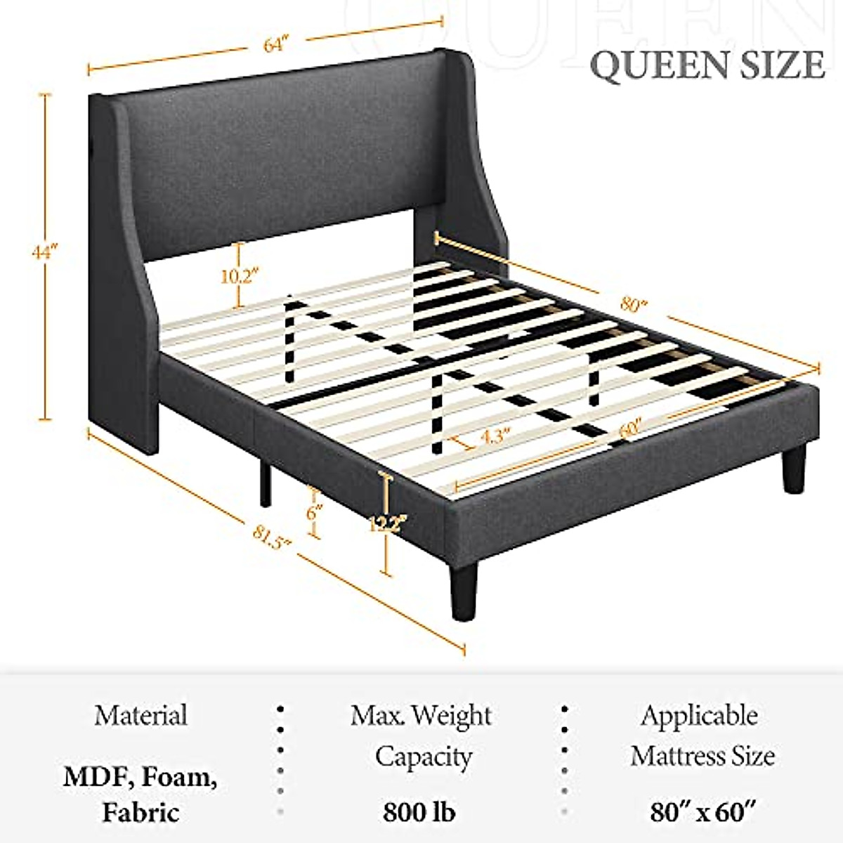 Yaheetech Queen Size Upholstered Bed Frame with 2 USB Charging Stations/Port for Type A & Type C/Linen Fabric Curved Headboard, Mattress Foundation, Strong Wooden Slats Support, Dark Grey