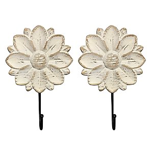 dwellington Decorative Wall Mounted Flower Hooks, White Distressed Wood Hanging Hooks, Farmhouse Boho Coat Rack Hooks for Hanging Things, Towels, Purse