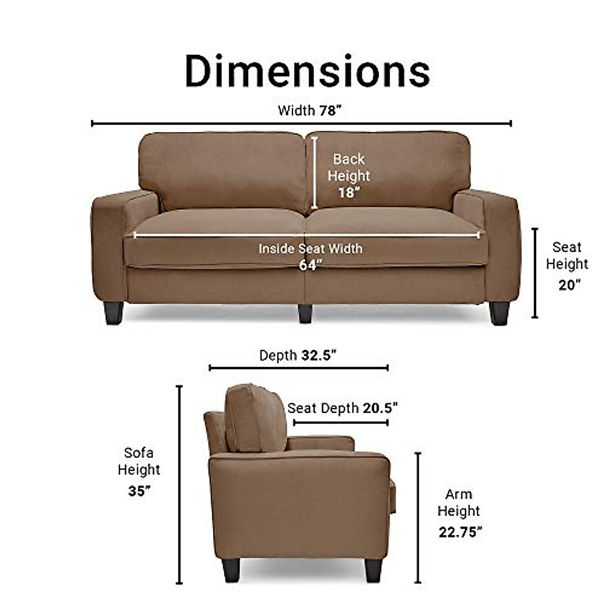 Serta Palisades 78" Track Arm Sofa, Easy Care Polyester, Soft Pillow Back, Pocket Coil Seat Cushions, Removable Covers, Loveseat or Couch for Small Spaces, Living Rooms or Bedrooms, Tan