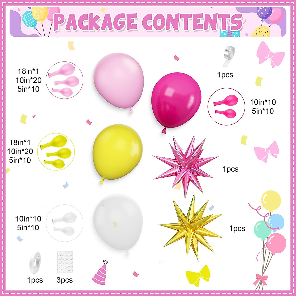 Hot Pink Yellow Balloon Arch Kit, Yellow Pink Clear Balloon Garland Kit with Large Pink Gold Star Foil Balloons, for Baby Shower Butterfly Fiesta Princess Birthday Wedding Bridal Party Decorations