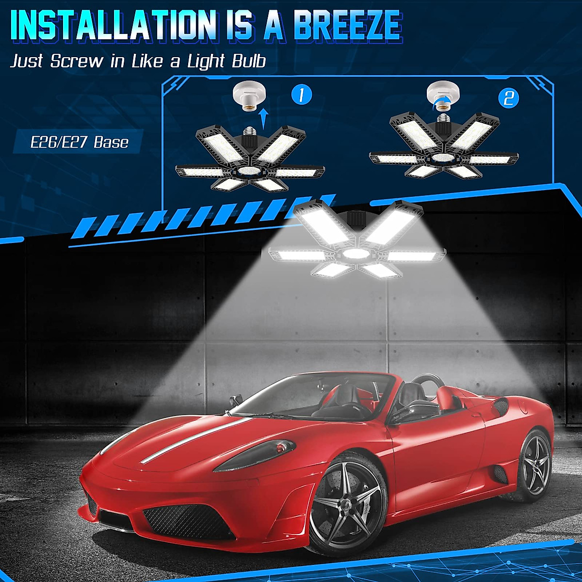 ISKYDRAW LED Garage Lights, Bright Garage Light Deformable Garage Lights Ceiling Led Shop Lights with 6 Panel,Adjustable Folding Garage Lighting Bulb Fixture E26/E27 for Garage,Workshop