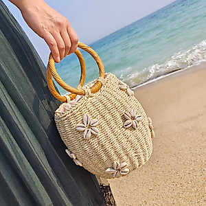 NIBD Flower Pearls Rattan Tote Bag Summer Beach Drawstring Straw Bucket Bag Diamonds Woven Handbag (D White)