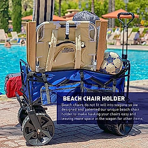 Beach Wagon Folding with Large Sand Wheels Heavy Duty Collapsible Cart with Patent Pending Beach Chair Holder Great for Ocean, Camping and Fishing – Solid Blue Color