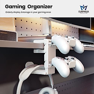 3-in-1 PC Gaming Headphone & Controller Holder - EURPMASK Headphones Hanger w/Adjustable & Rotating Arm Clamp,Headphone Stand Under Desk, Universal Headset Controllers Hook with Cable Organizer-White