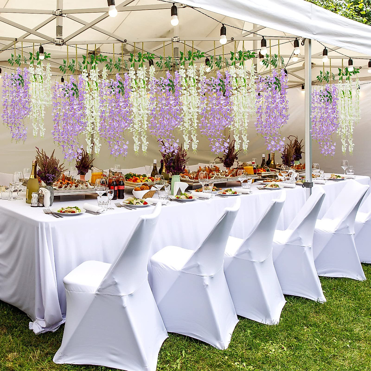 Artificial Wisteria Hanging Flowers 3.6 ft Artificial Fake Wisteria Vine Rattan Hanging Garland Silk Flowers String for Wall Home Wedding Party Greenery Decorations (Purple, White,24 Pcs)