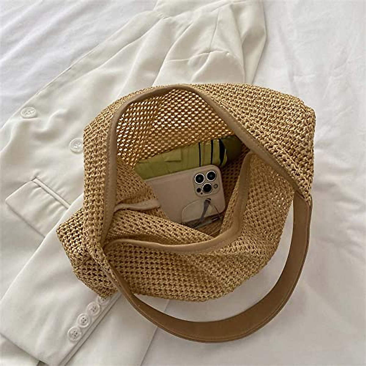 Straw Bag for Women Summer Beach Bag Soft Rattern Woven Tote Bag Large Straw Shoulder Bag for Vacation Casual