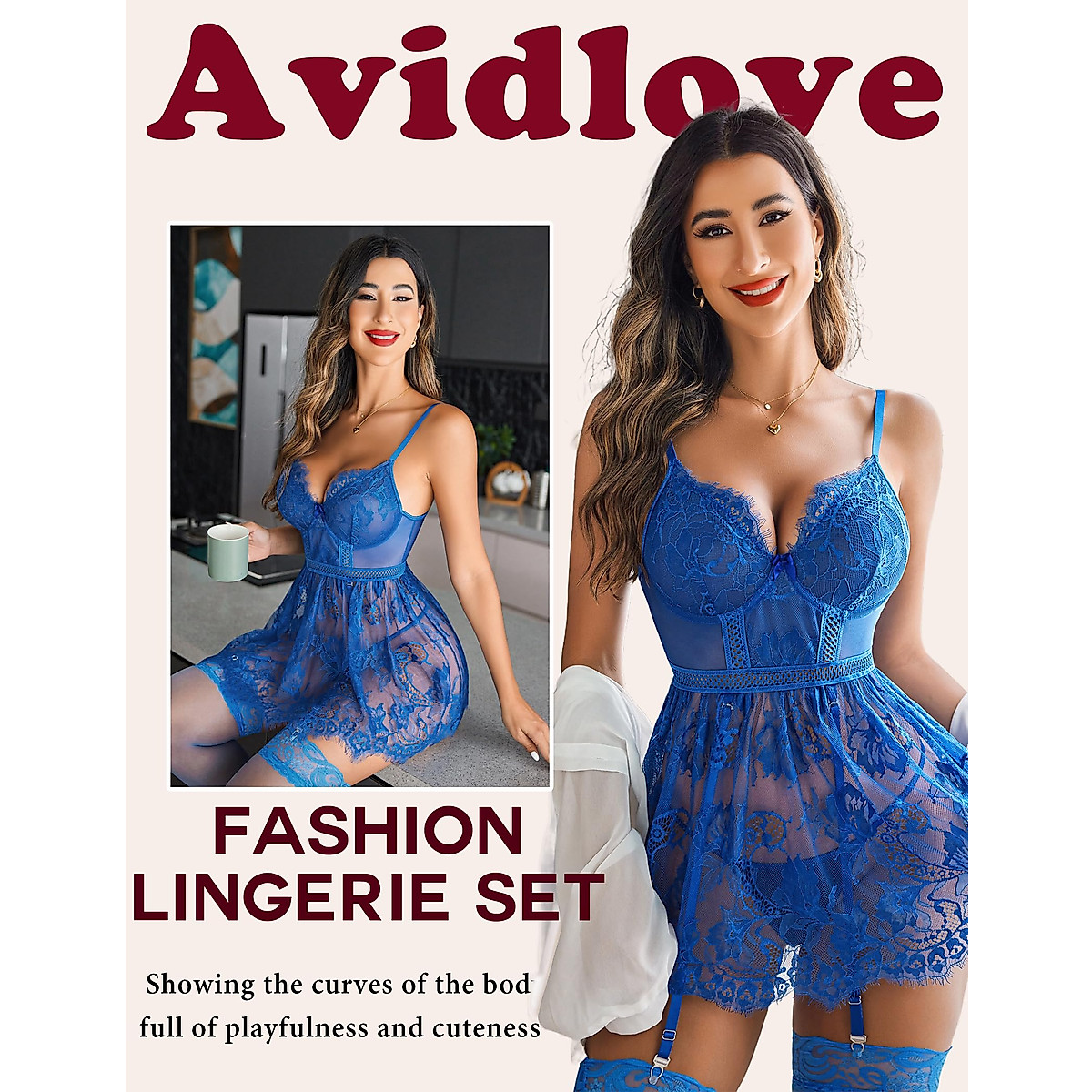 Avidlove Women's Lingerie Set Babydoll Lace Backless Chemises Slip Dress (Blue, Medium)
