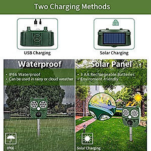 ZOVENCHI Ultrasonic Animal Repellent, Outdoor Solar Powered and Waterproof PIR Sensor Repeller, Motion Activated with Flashing LED Light and Sound Effectively Scares Away Cats, Dogs, Foxes, Birds