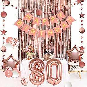 80th Birthday Decorations for Women, Happy Birthday Banner, Number 80 Foil Balloon Happy Birthday Cake Topper Rose Gold Curtain Happy 80th Birthday Sash Anniversary Decorations Birthday Backdrop