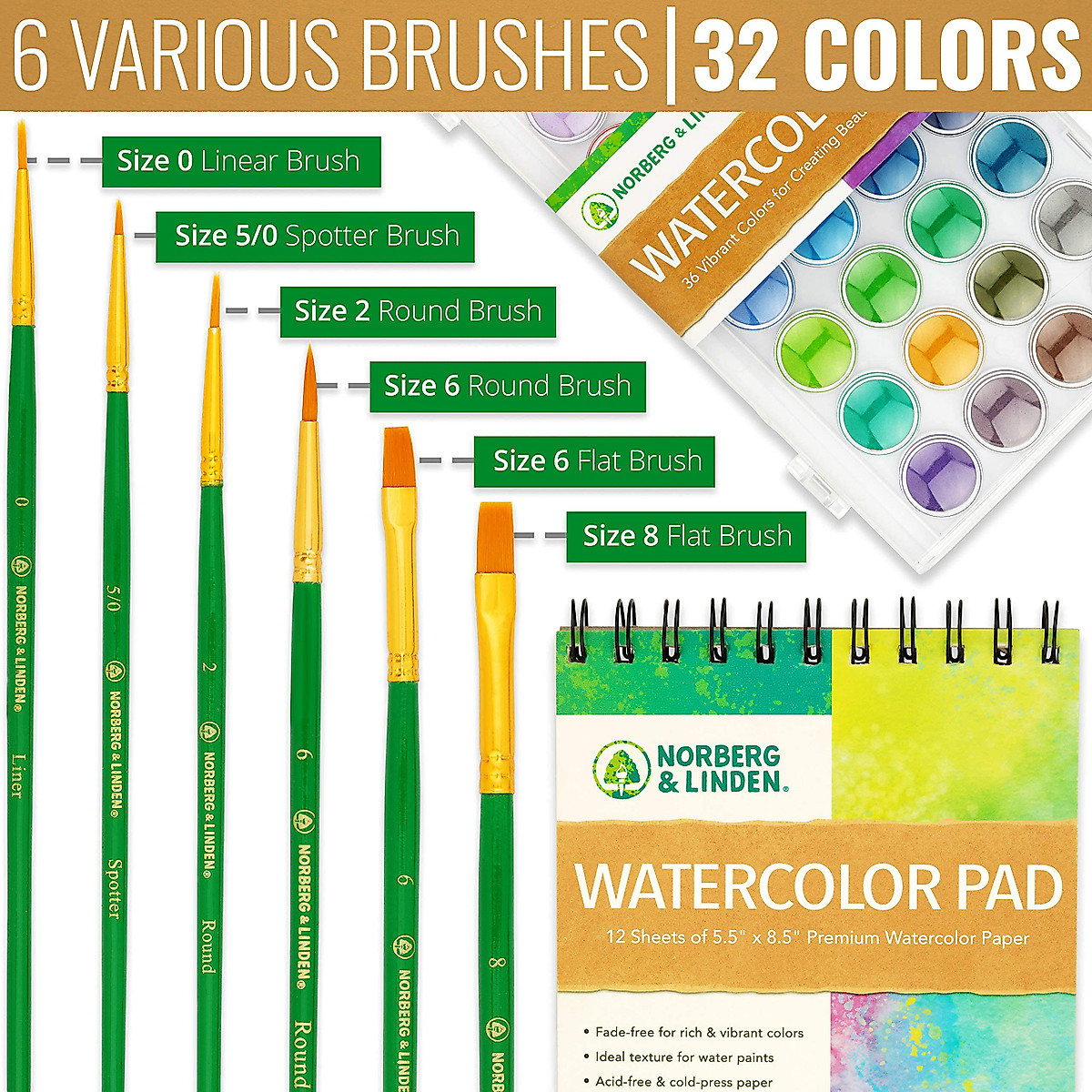 Watercolor Paint set 36 Premium Paints-12 Page pad - 6 Brushes Bundle with 2 Pack Sketch Pad