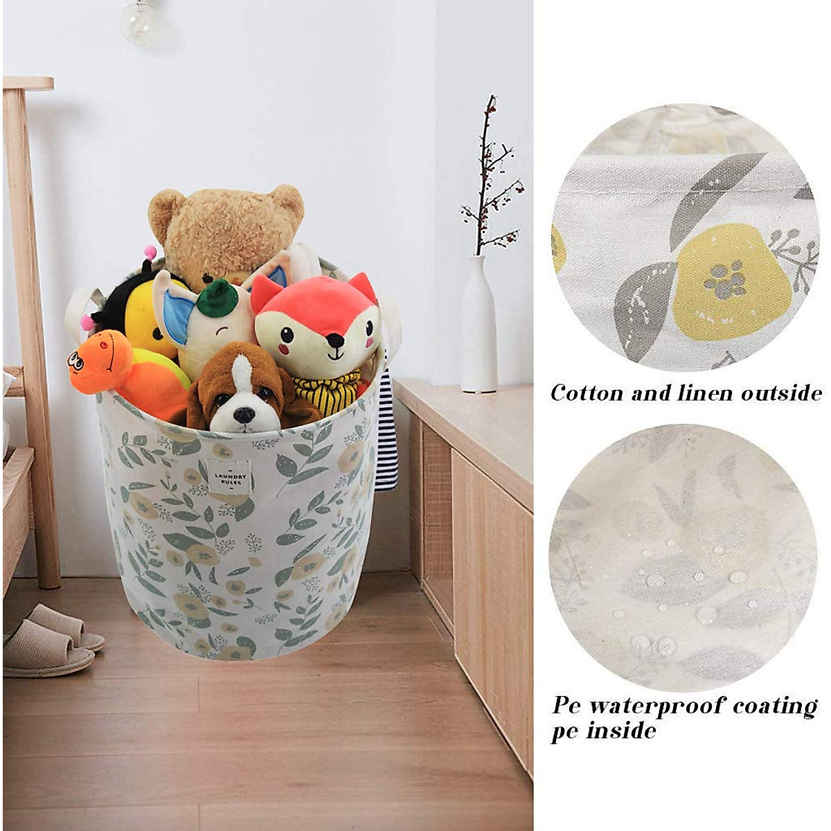 Large Fabric Storage Bins Toys Storage Basket for Baby Nursery, Kids Playroom, Home Organizer, Collapsible Laundry Basket Hamper with Floral Pattern (Green Flowers)