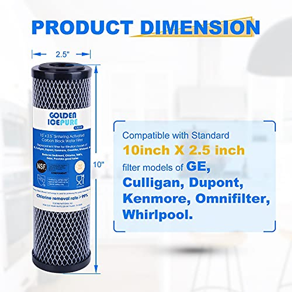 GOLDEN ICEPURE 1 Micron 2.5" x 10" Whole House CTO Carbon Sediment Water Filter Compatible with Dupont WFPFC8002, WFPFC9001, FXWTC, Culligan P5-D, WHCF-WHWC, D-10A, DWC30001, SCWH-5, 4PACK
