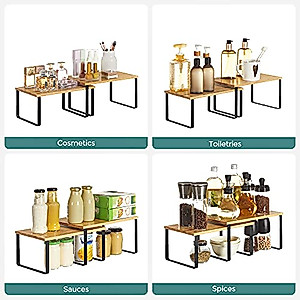 SONGMICS Kitchen Counter Organizers and Cabinet Shelves Bundle, Set of 4 Expandable Kitchen Cabinet Shelves, Metal and Bamboo, Black, Natural, and White UKCS02NB and UKCS02NW