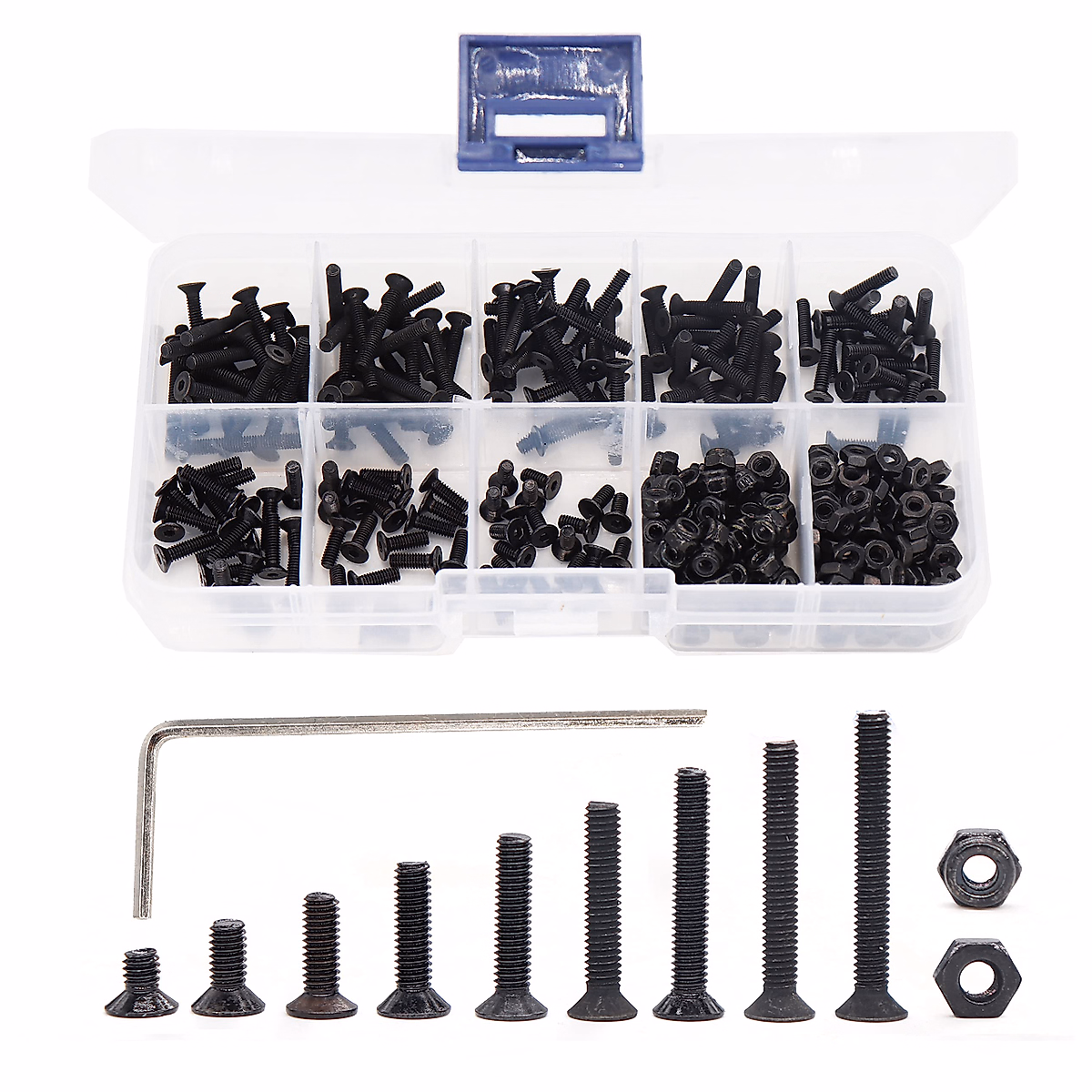 binifiMux 340pcs M2.5 Black Countersunk Flat Socket Cap Screws Hex Nuts Nylon Lock Nuts Assortment Kit 10.9 Grade Alloy Steel, M2.5 x 4mm/ 6mm/ 8mm/ 10mm/ 12mm/ 14mm/ 16mm/ 18mm/ 20mm