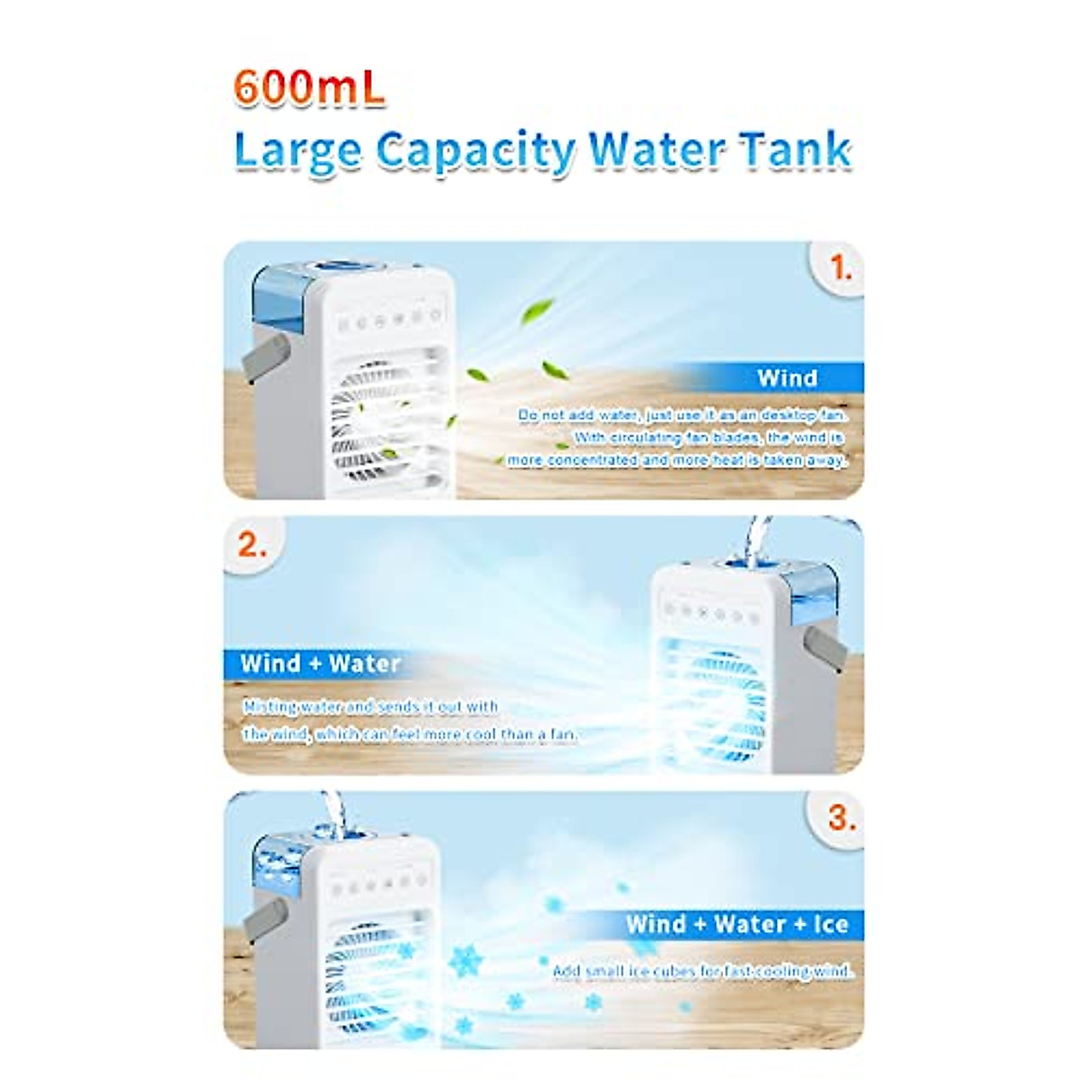 Portable Air Conditioners Fan, 600ml Water Tank Personal Mini Air Conditioners with 4 Wind Speeds, 2-6H Timer USB Evaporative Air Cooler Fan with LED Light for Home Office Bedroom Kitchen