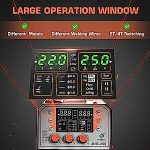 HITBOX MIG250 Mig Welder 250A Welder Dual Voltage Welding Machine 110v/220v Multiprocess 5 IN 1 Welder Machine Gas/Gasless/Stick/Lift Tig/Spot Welding Portable Welder Professional Aluminum Welder