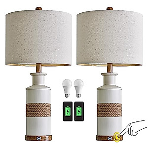 BOBOMOMO 24.5" USB A+C 3-Way Dimmable Touch Control Boho Table Lamp Set of 2 for Living Room Nightstand Beside Lamps for Bedroom(Include Two Bulbs)