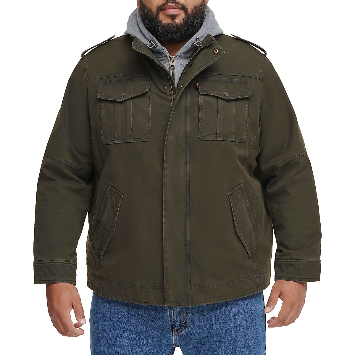 Levi's Men's Washed Cotton Hooded Military Jacket (Regular & Big & Tall Sizes), Olive/Sherpa Lined, 3X