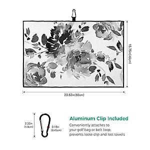 Golf Towel Black Grey Gradient Watercolor Floral White,Waffle Pattern Microfiber Club Cleaner Golf Towels with Carabiner Clip for Women Men Dad,Flower Ink and Wash Golf Towel for Golf Bags,24x16in