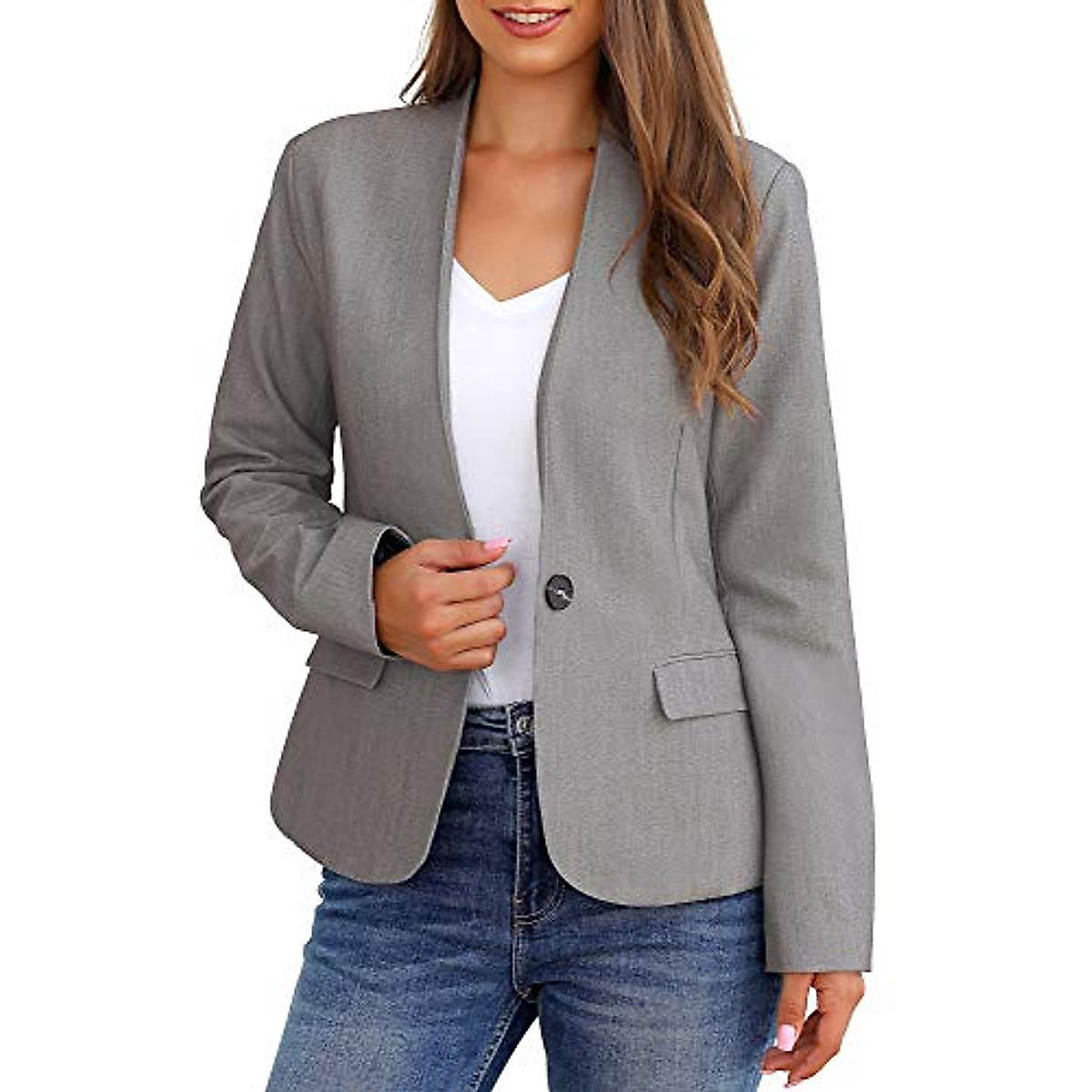 GRAPENT Women's Grey Business Casual Pockets Work Office Button Back Slit Long Sleeves Blazer Lightweight Jacket Suit Size Small US 4-6