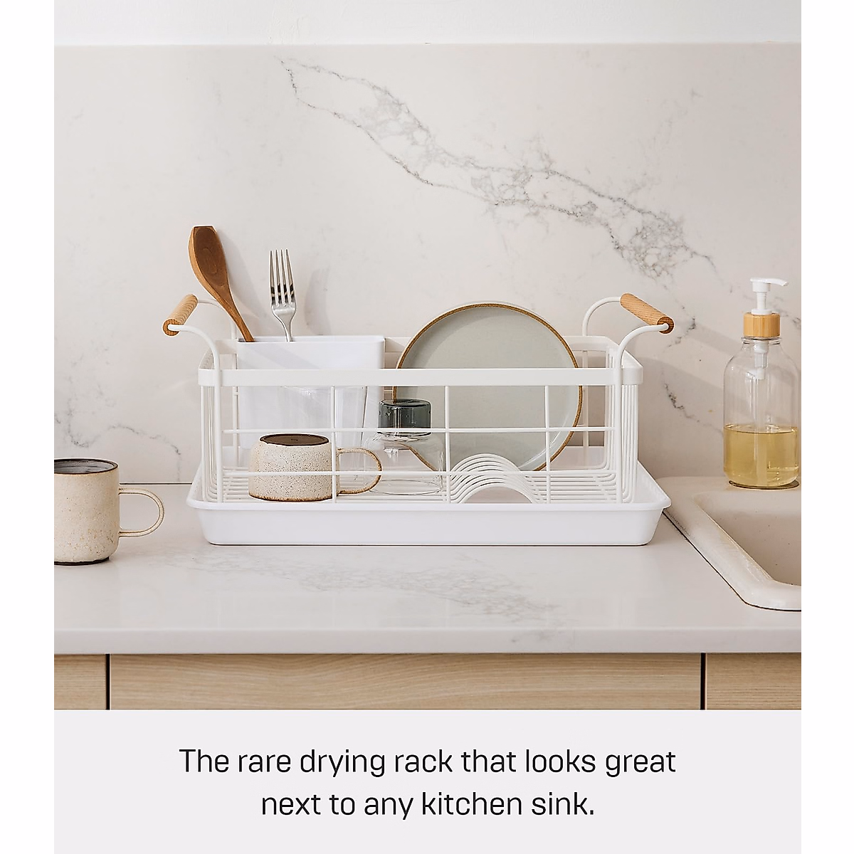 Yamazaki Home Sink Removeable Drainer Tray, Kitchen Drying Organizer Holder, One Size, White Steel + Wood | Dish Rack