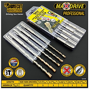 5 x SabreCut QSCK5B 7/32" 15/64" 1/4" 5/16" 25/64" x 6 19/64" Length Quattro PGM Approved Full Carbide 4 Cutter Tip Vortex Flute SDS Plus Drill Bit Mix Kit For Stone Concrete Brick Block