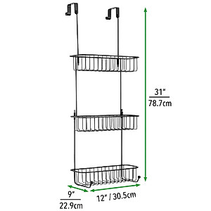 mDesign Extra Large Metal Over Shower Door Caddy, Hanging Bathroom Storage Organizer Center with Built-in Hooks and Baskets on 3 Levels for Shampoo, Body Wash, Loofahs - Black
