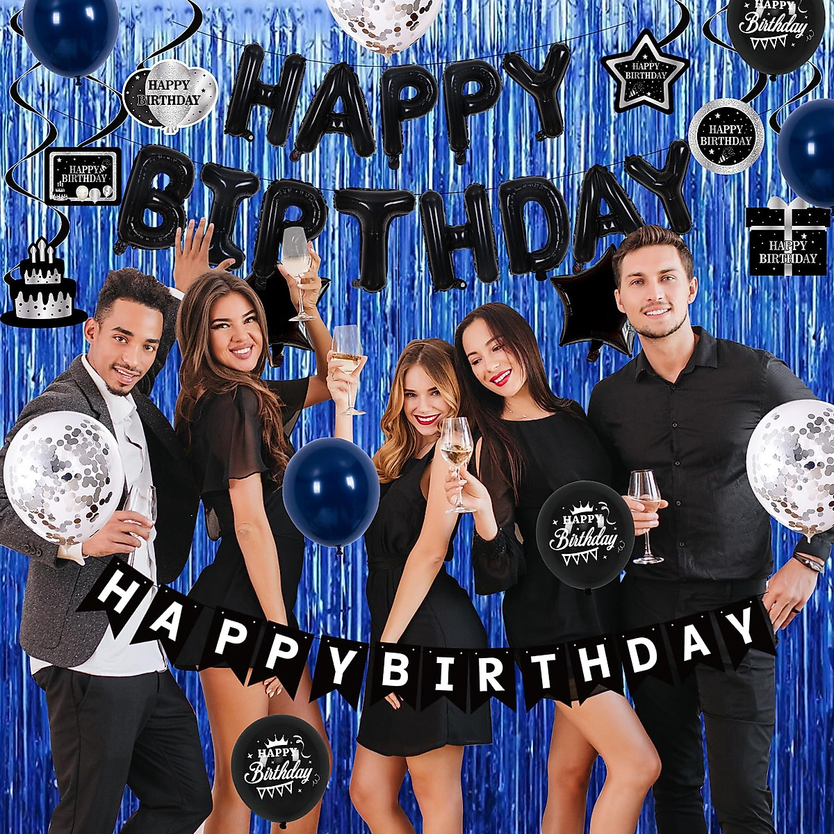 Blue Black Happy Birthday Decorations for Men Women Boys, Happy Birthday Banner, Fringe Curtain, Beer Balloons, Tablecloth, Hanging Swirls for 13th 16th 18th 21st 30th 40th 50th 60th Party Supplies