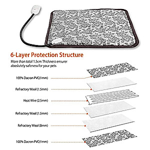 Pet Heating Pad, Cat Electric Heating Mat Waterproof, Pets Heated Bed Adjustable Dog Bed Warmer Electric Heating Mat with Chew Resistant Steel Cord (17.7x17.7, Flower)