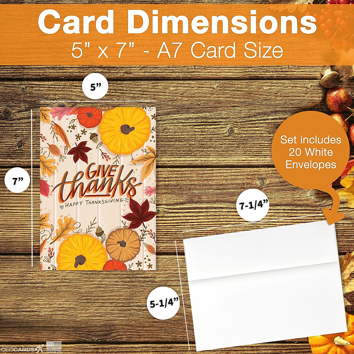Thanksgiving Cards for Business & Family (Variety Pack of 5 Designs of Thanks) Greeting Card Set Pack of 20 Thanksgiving Cards with Envelopes (5x7 inch - A7) Office, Work, Employees & Clients VP2403