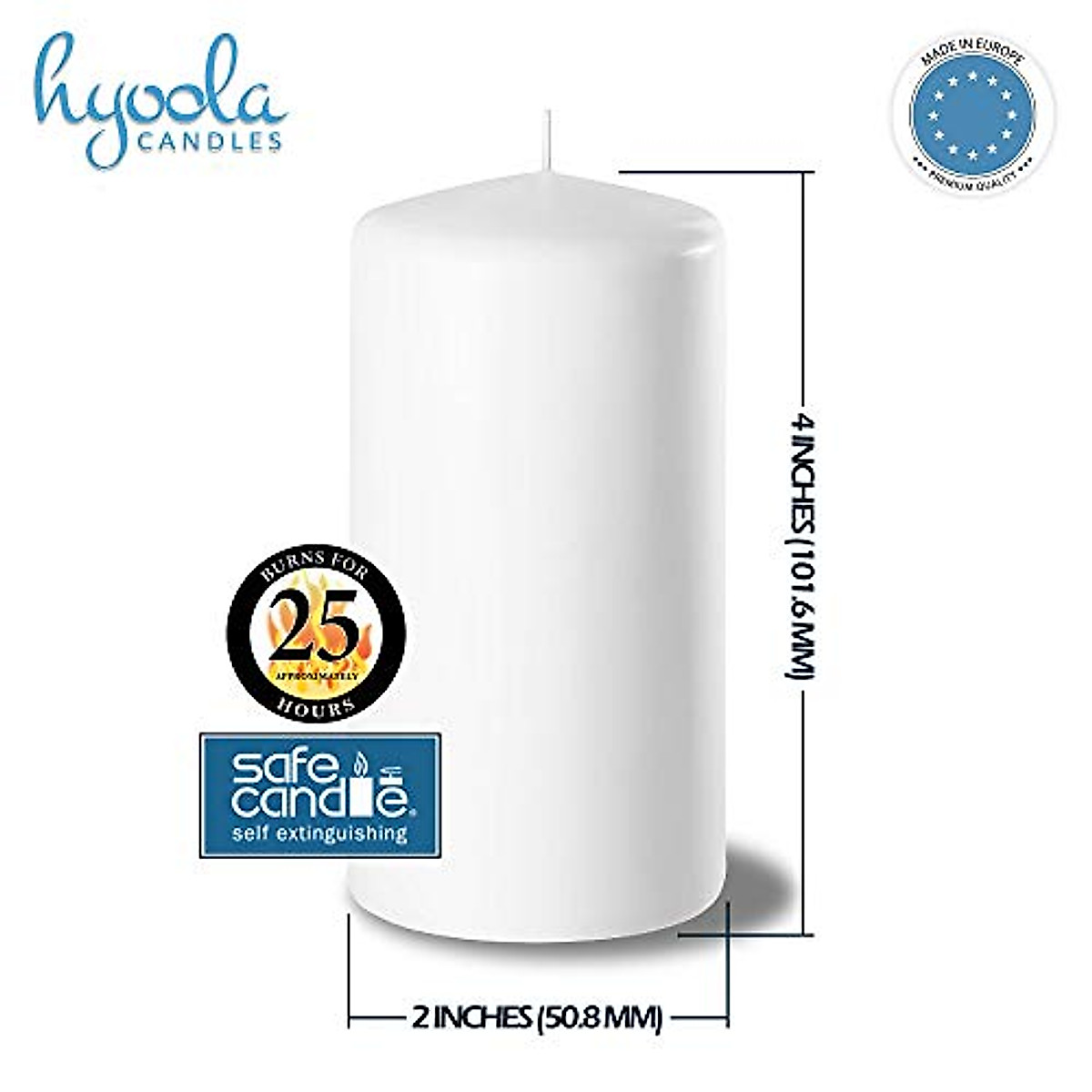 Hyoola White Pillar Candles 2-inch x 4-inch - Unscented Pillar Candles - Set of 4 - European Made