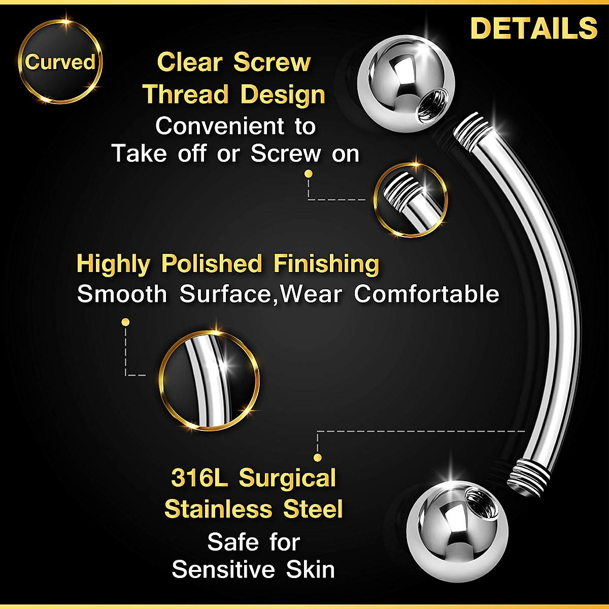 KJM Fashion 4PCS Surgical Steel Curve Barbell 16g 1.2mm 9mm 3mm Ball Tragus Daith Lip Eyebrow Earrings Rook Piercing Jewelry 7484
