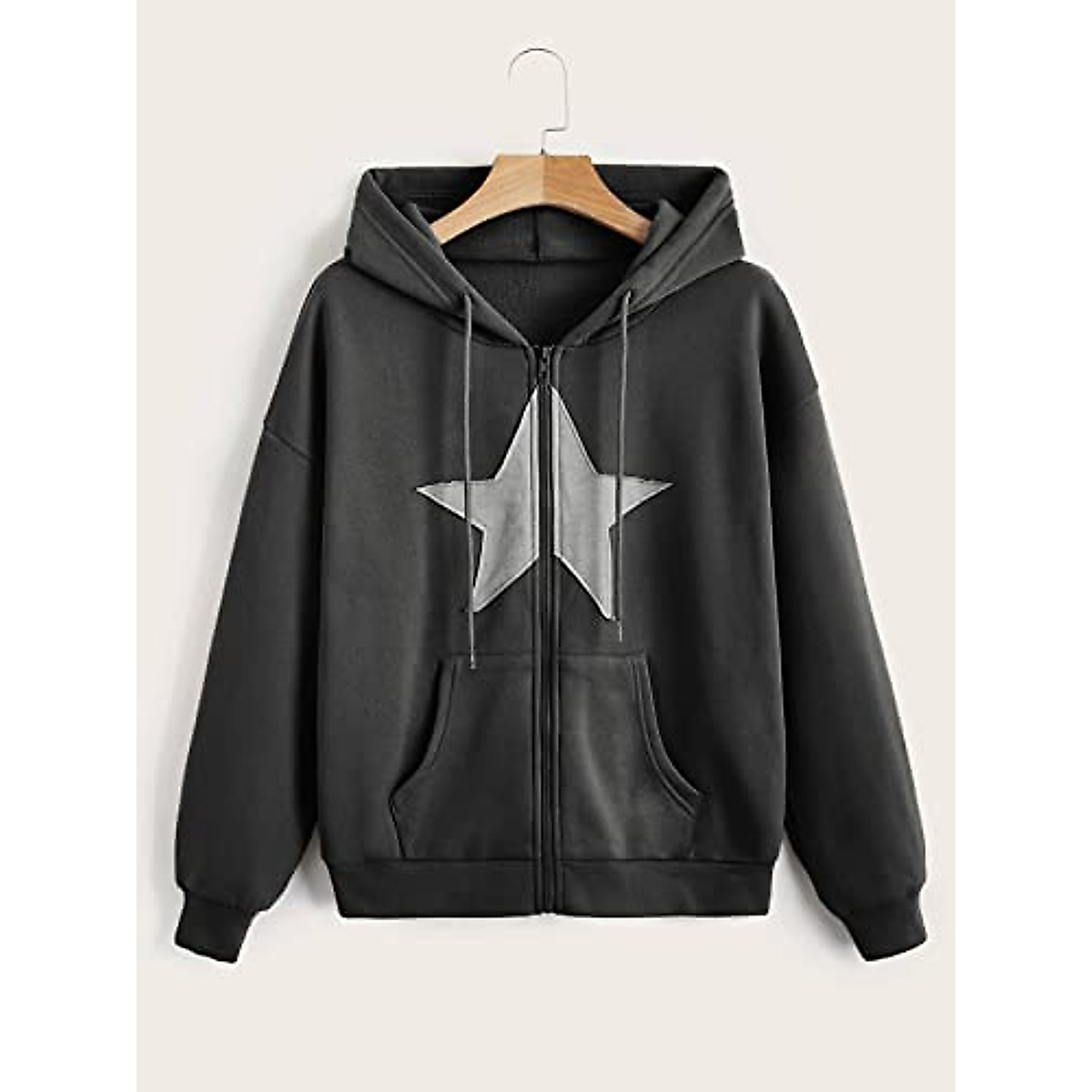 SOLY HUX Women's Zip Up Y2k Hoodies Jacket Star Print Graphic Drawstring Long Sleeve Sweatshirt Dark Grey Star M