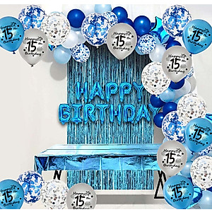 15th Birthday Balloons, Pack of 20 Blue Silver Happy 15th Birthday Latex Confetti Balloon Ribbons for Boys Him Son 15th Birthday Anniversary Party 15 Years Old Birthday (15th)