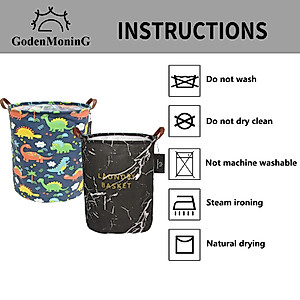 Collapsible Laundry Basket,GodenMoninG 2X 62.8L Large Sized Round Waterproof Storage Bin with Leather Handles,Toy Organizer,Children Nursery Hamper.（2 PACKS，Black Marbling & Blue Dinosaurs）