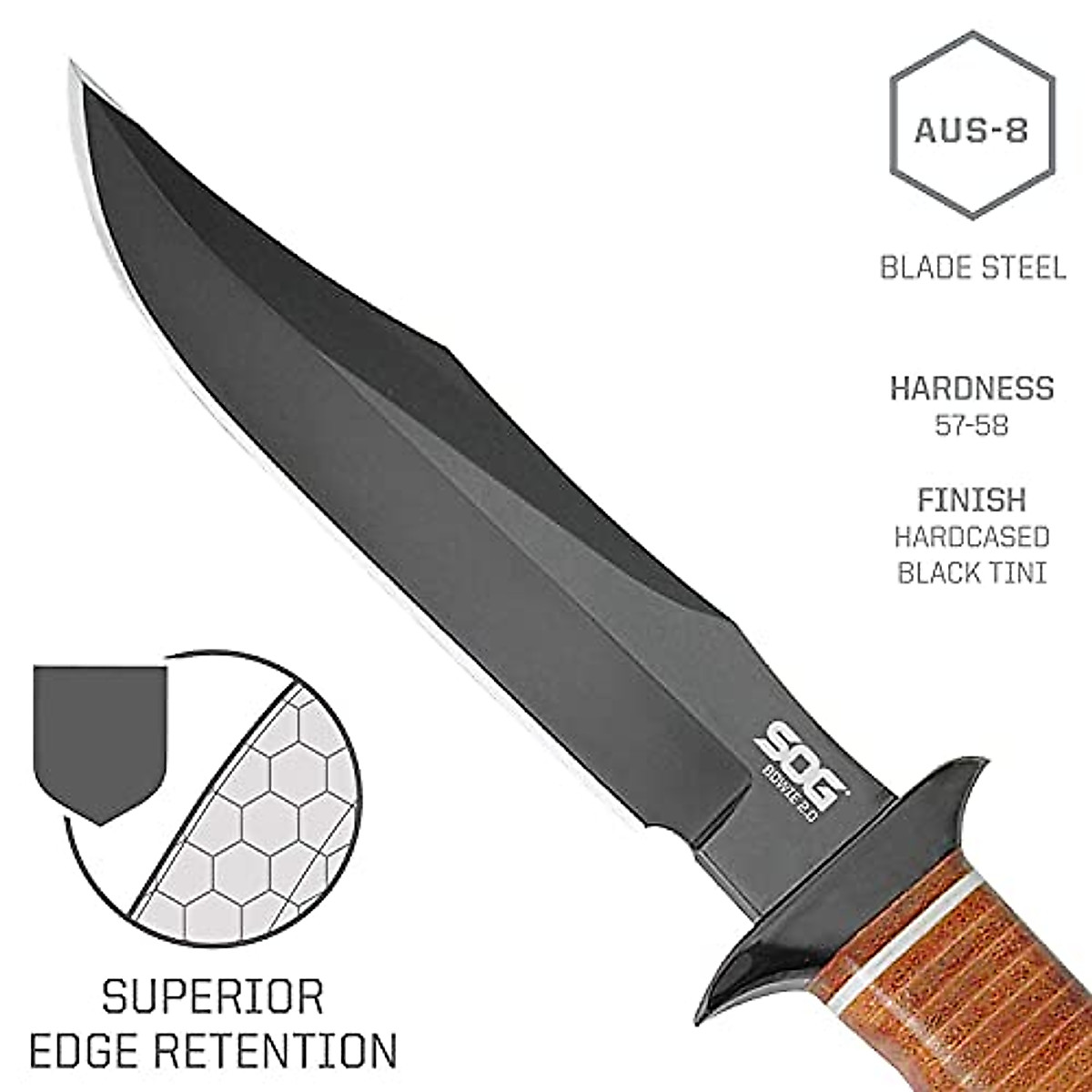 SOG Bowie 2.0 Fixed Blade Knife-Tactical Knife with 6.4 Inch Blade, Hunting Knife with Hard Case TiNi Coating and AUS-8 Steel, Leather Knife Sheath (S1T-L),Brown