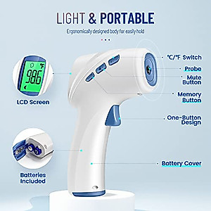Touchless Thermometer for Adults, Digital Infrared Thermometer Gun with Fever Alarm, Forehead and Object 2 in 1 Mode, Fast Accurate Results (White)