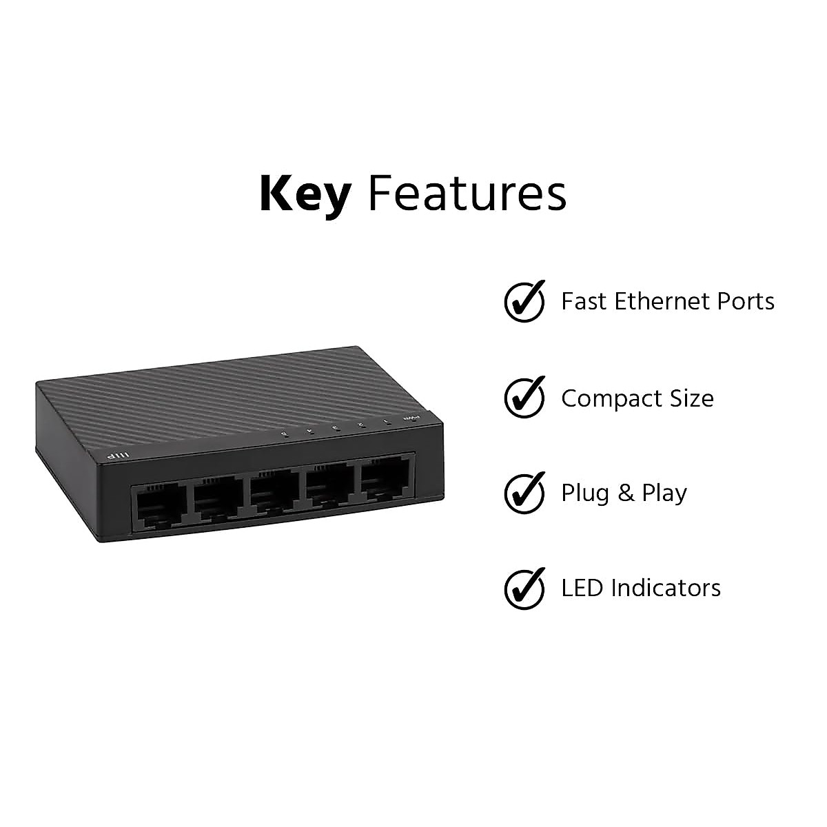 Monoprice 5-Port 10/100Mbps Fast Ethernet Unmanaged Network Switch | Compact Size, Plug and Play, Auto Negotiation and Auto MDI/MDIX, Wall Mount,Black