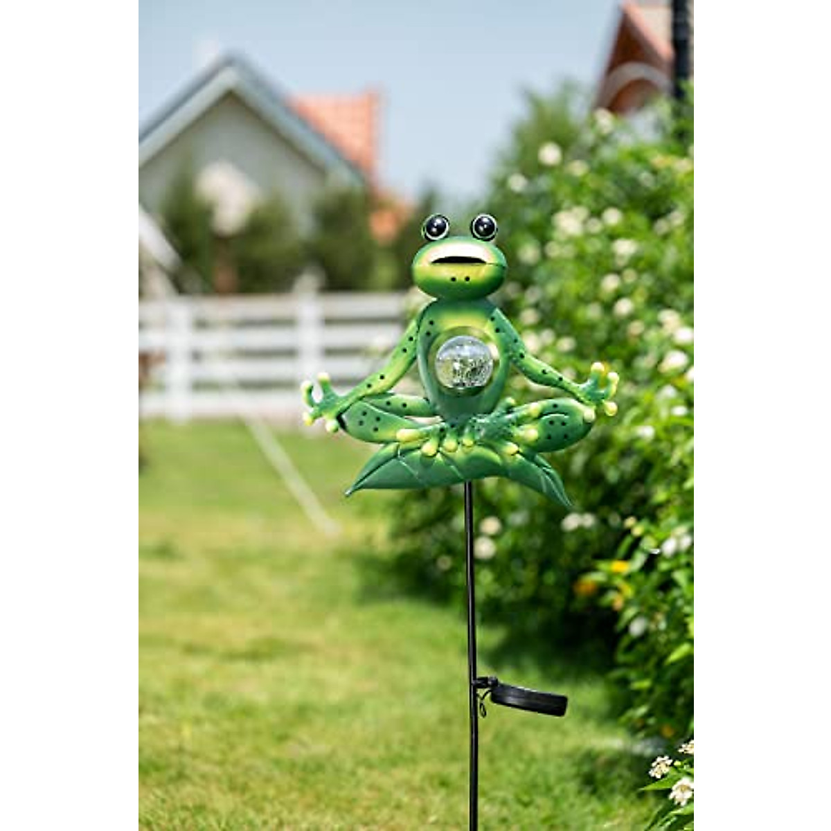 TERESA'S COLLECTIONS 35 inch Meditation Yoga Frog Garden Solar Stake Lights for Outdoor Decor, Decorative Metal Green Happy Zen Frog for Outside Patio Lawn Yard Decoration