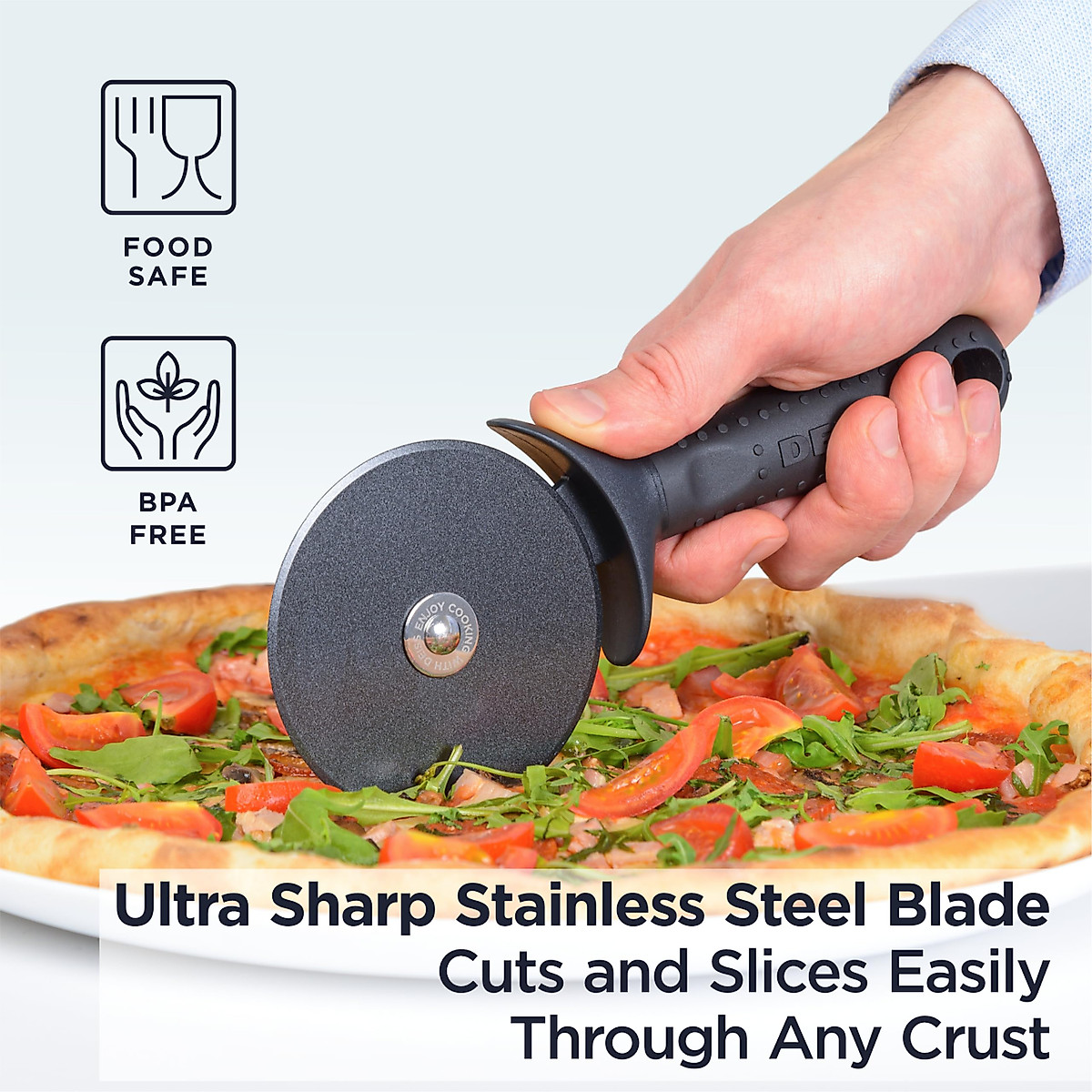 Deiss Lux Heavy Duty Pizza Cutter With Wheel Slicer- Stainless Steel Sharp Smooth Pizza Cutter Wheel With Easy Grip Non-Slip Handle, Dishwasher Safe (BLACK)