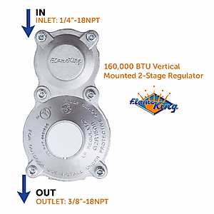 Flame King 160,000 BTU Vertical Mounted 2-Stage Propane LP Regulator for RVs, Vans, Trailers, Campers, 100LB Tanks, ASME Tanks, Generators