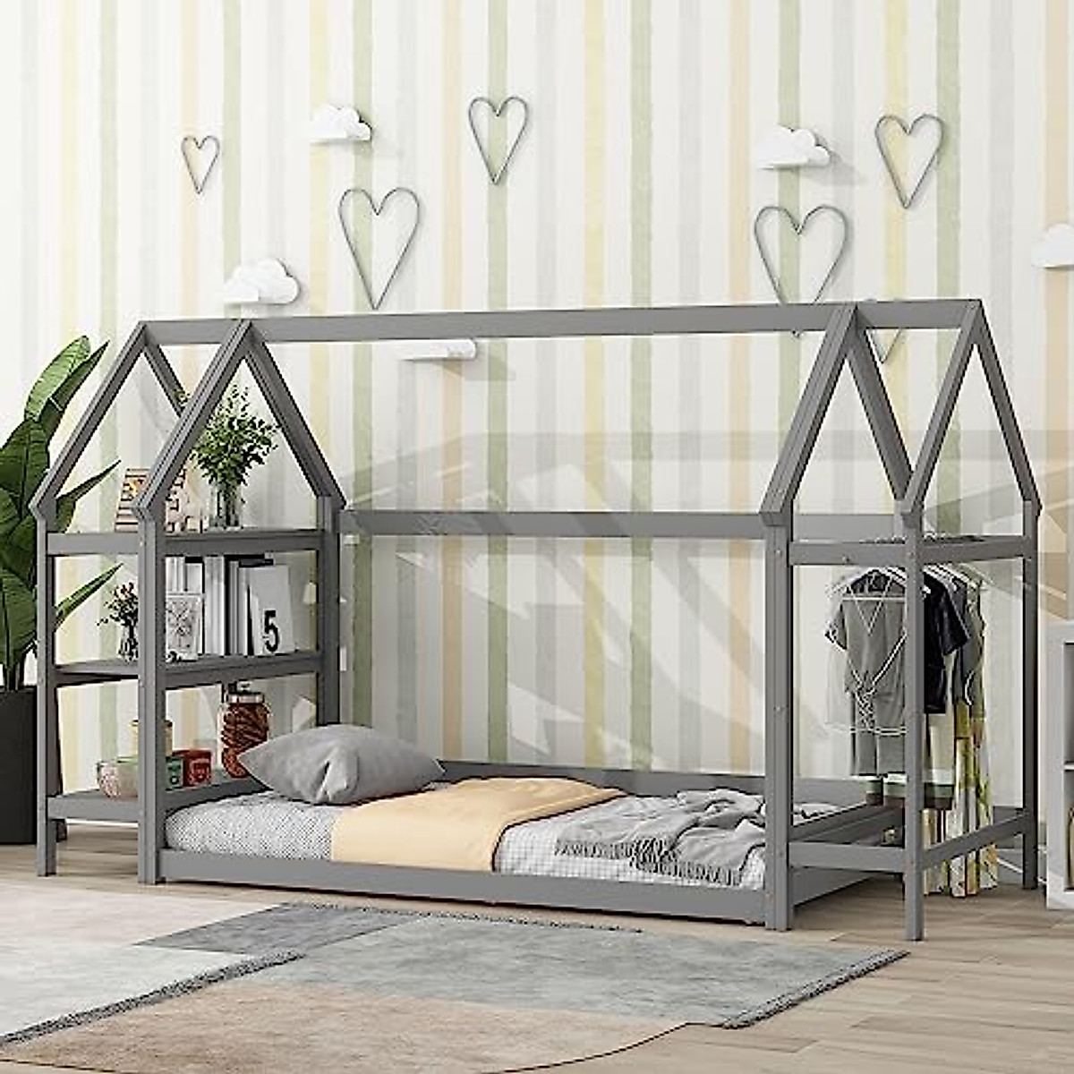 DEYOBED Gray Twin House Floor Bed with 2 Removable Stands - Unique House Design for Kids