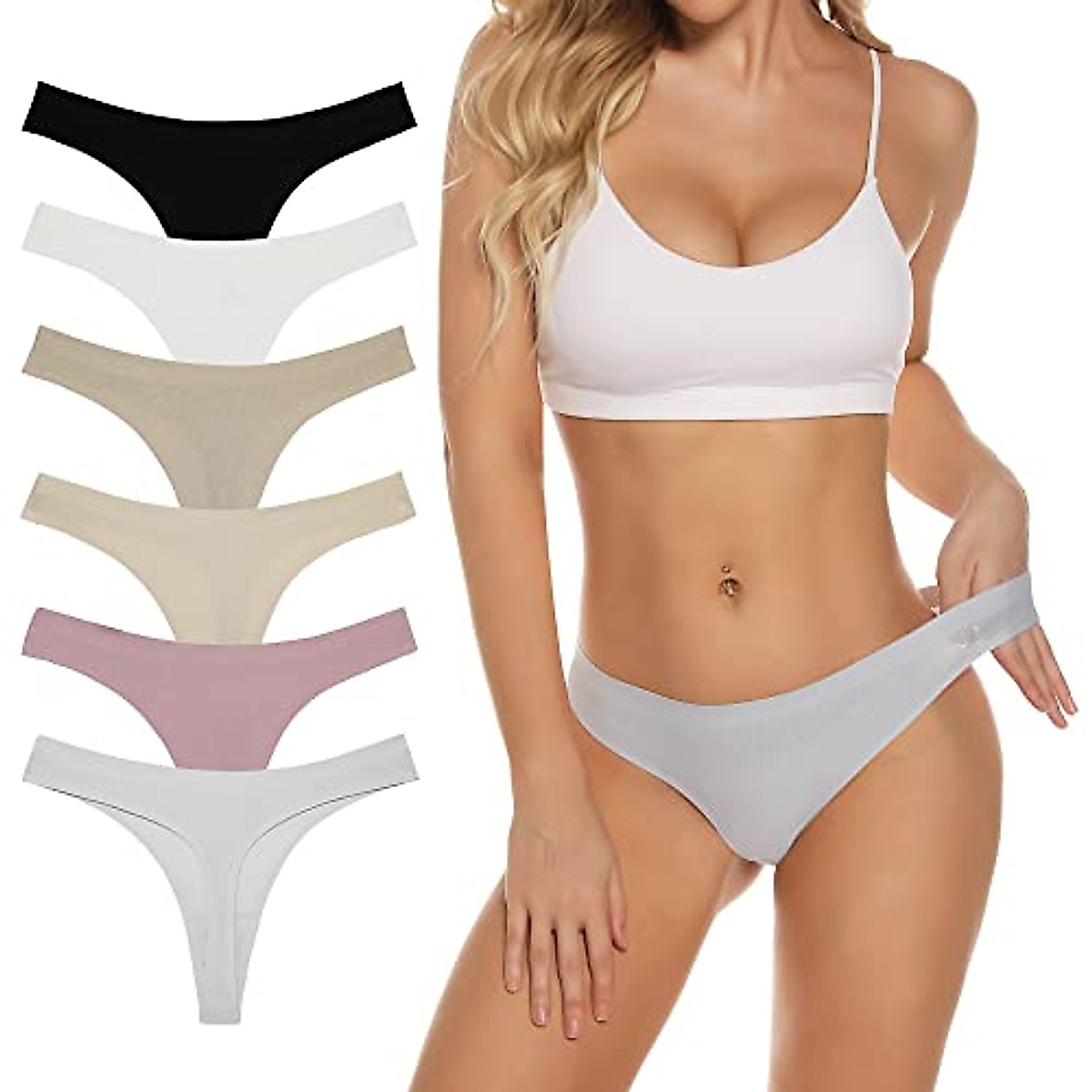 Jaywan Seamless Thongs Underwear for Women Breathable Stretch Thong Panties No Show Thong 6 Pack S-XL