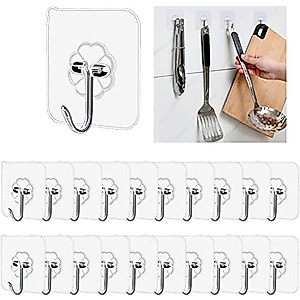 NEMIBAD 20pcs Transparent Wall Hooks 22lbs (Max) Heavy Duty Self Adhesive Hooks, Waterproof Self Adhesive Hooks, Kitchen Bathroom Hooks Wall Hooks Room Door Hooks Command Hooks