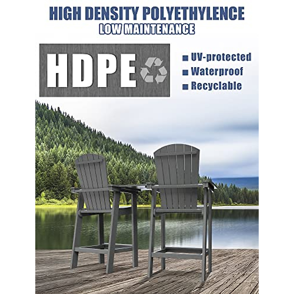 MARVOWARE Tall Adirondack Chairs Set of 2, Balcony Chair with Connecting Tray, 27.6 Inch Seat Height Outdoor Barstools, HDPE Plastic Patio Stools with Umberlla Hole Outdoor Patio Lawn