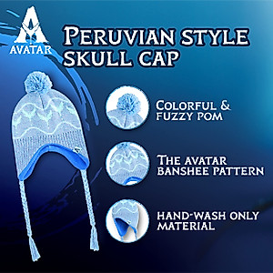 Disney Avatar: The Way of Water Hat, Adult Peruvian Knit Cap with Tassels and Pom Beanie Hat, Blue