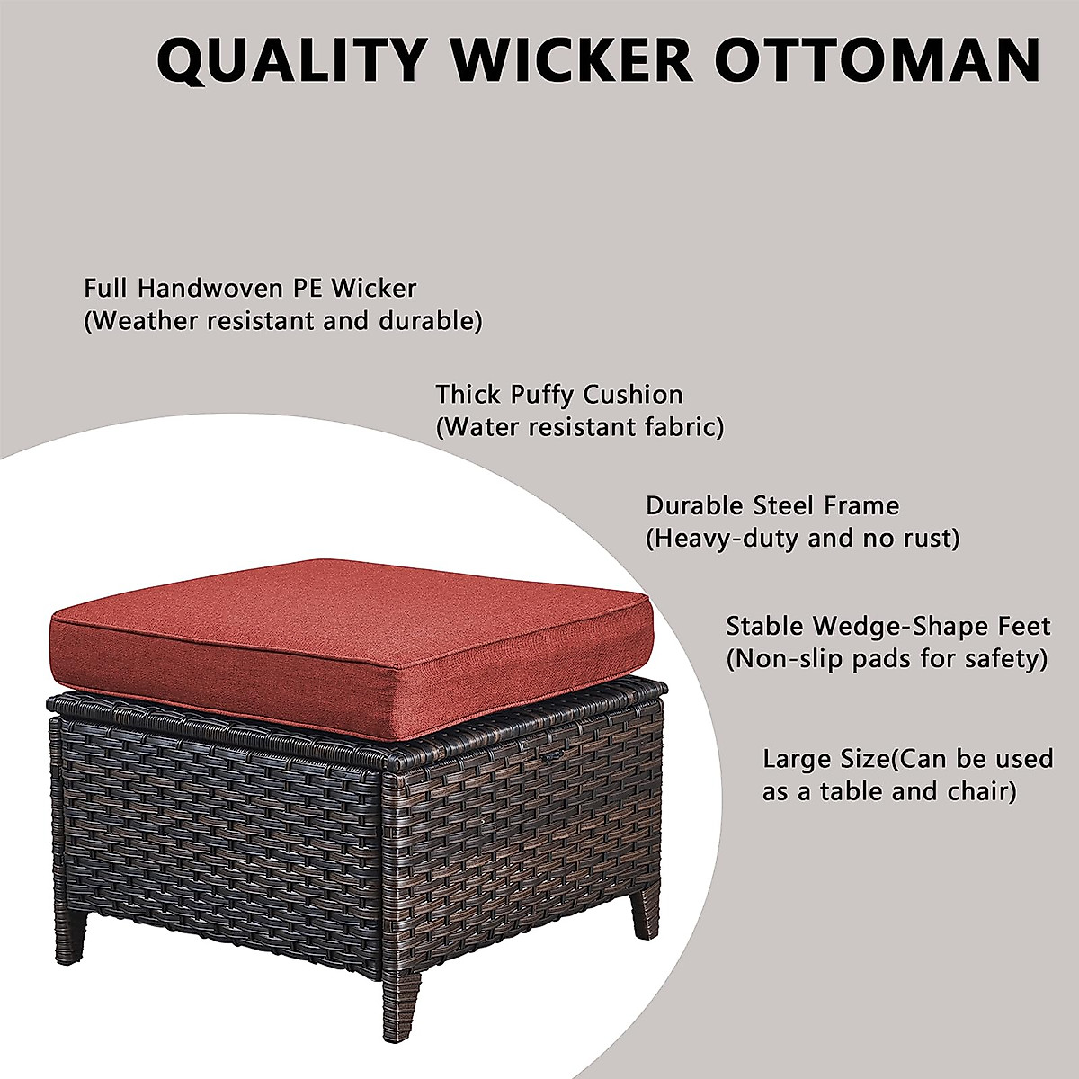 Rilyson Outdoor Ottoman Wicker Patio Ottomans - 2 Piece Footrest Footstools Set Rattan Outdoor Ottomans for Patio with Thick Cushions(Brown/Red)