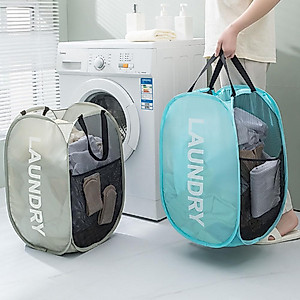 Buenod Mesh Popup Laundry Hampers, Collapsible Laundry Baskets, 2 Pack Clothes Hampers for Home, Bathroom, College Dorm, RV Cruise, Travel (Gray + Blue)